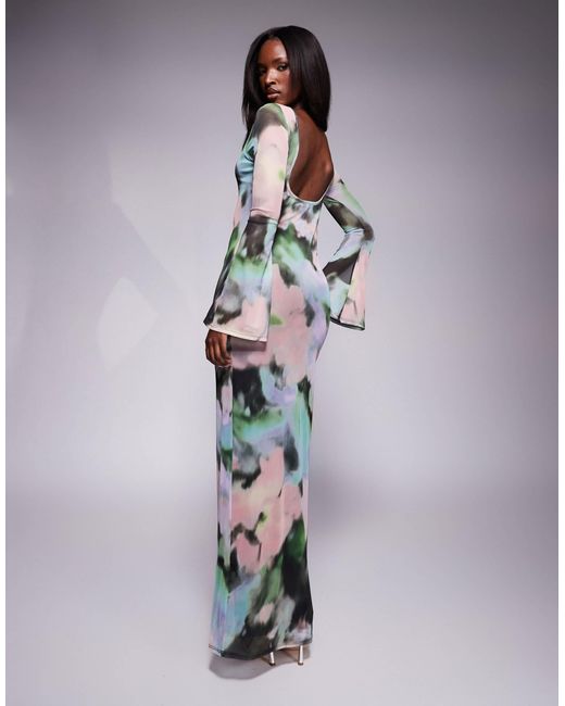 ASOS Low Back Floral Mesh Maxi Dress With Angel Sleeves in White | Lyst