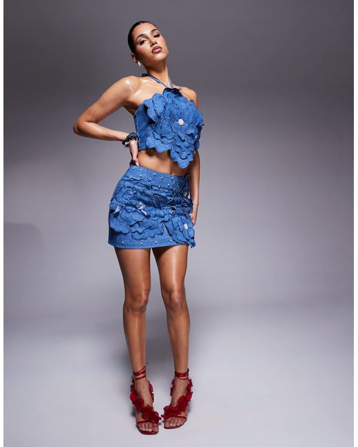 ASOS Denim Mini Skirt With 3d Floral Details in Blue | Lyst