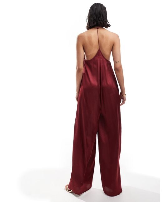 ASOS Halter Neck Satin Jumpsuit in Red | Lyst