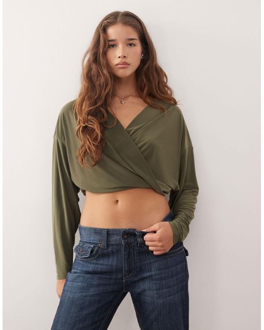 Collusion Twist Wrap Top With Volume Sleeves in Green | Lyst