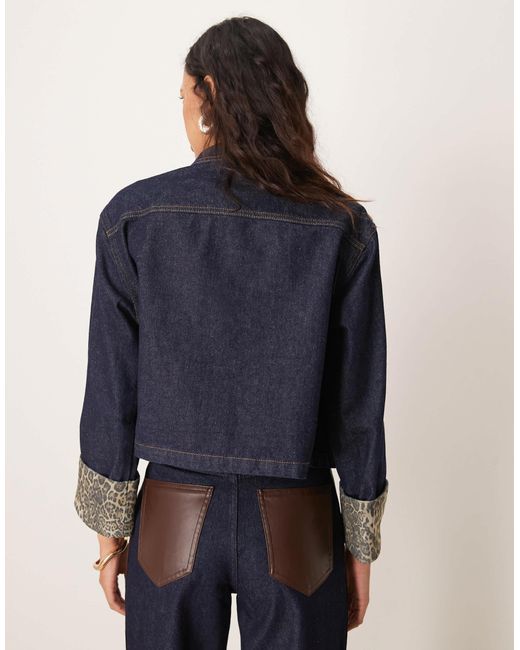 ASOS Denim Jacket With Leopard Print Turn Up Cuffs in Blue | Lyst