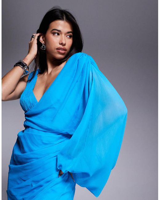 ASOS Asymmetric Drape Overlay Maxi Dress With Blouson Sleeves in Blue ...