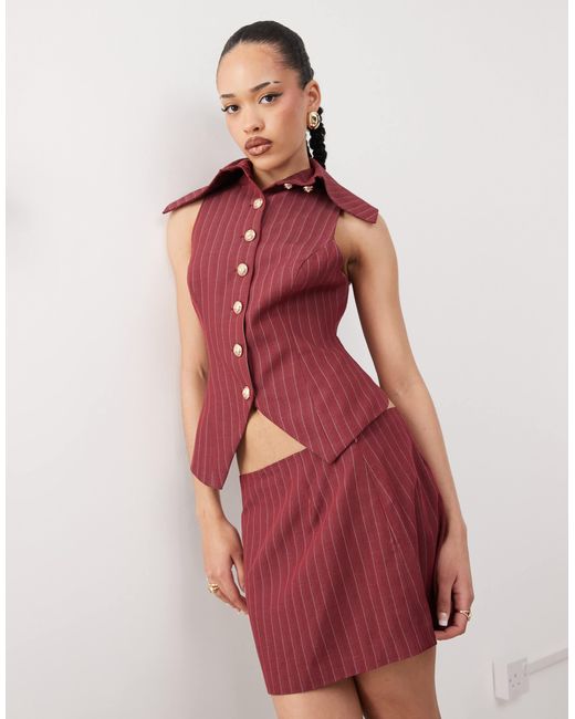 Labelrail X Jennifer Mcking High Collar Tailo Pinstripe Vest Top in Red ...