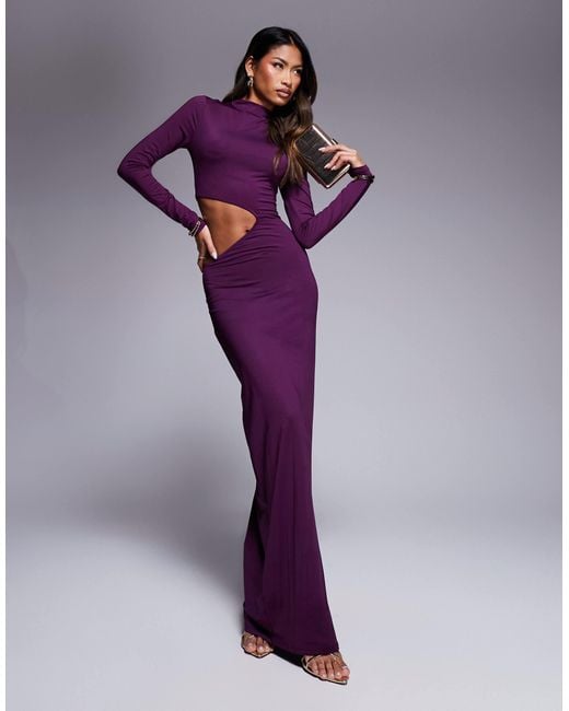 ASOS Long Sleeve High Neck Cut Out Maxi Dress in Purple | Lyst