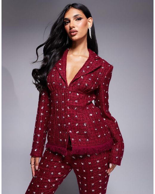 ASOS Embellished Boucle Blazer Co-Ord With Faux Feather Hem in Red | Lyst