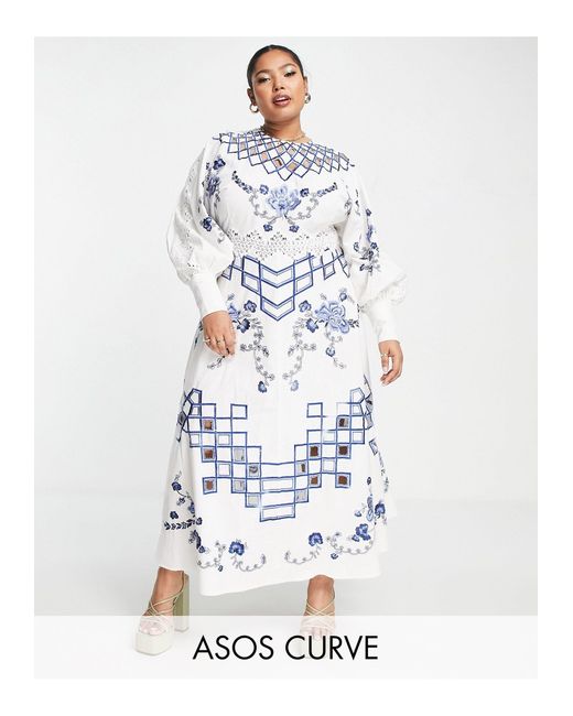 Asos Cotton Curve Embroidered Midi Dress With Cutwork And Lace Trim Lyst