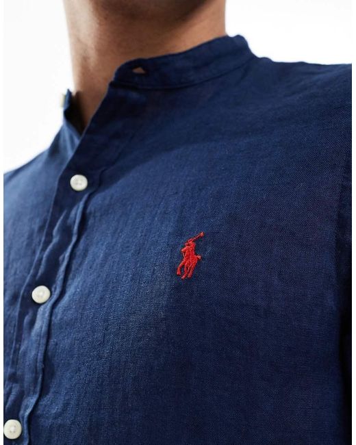 Polo Ralph Lauren Icon Logo Slim Fit Grandad Collar Linen Shirt in Blue for Men | Lyst UK