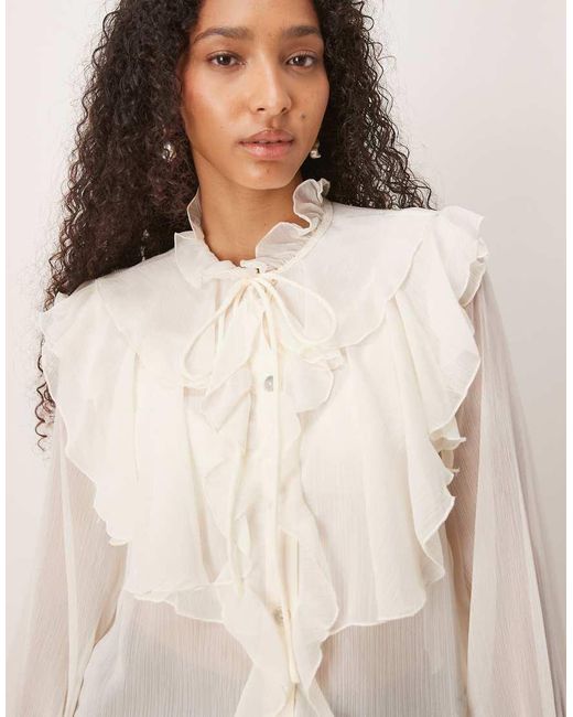 Glamorous Button Up Tie Front Ruffle Blouse in Natural | Lyst UK