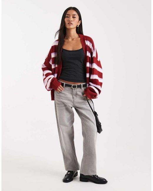 Miss Selfridge Edge To Edge Brushed Stripe Cardigan in Red | Lyst UK