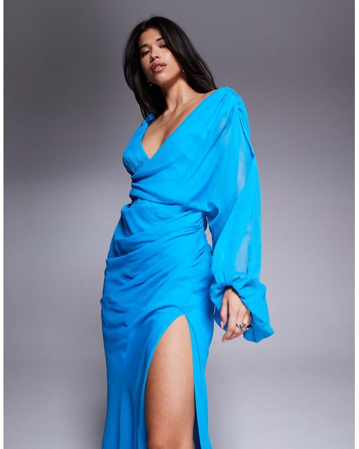ASOS Asymmetric Drape Overlay Maxi Dress With Blouson Sleeves in Blue ...
