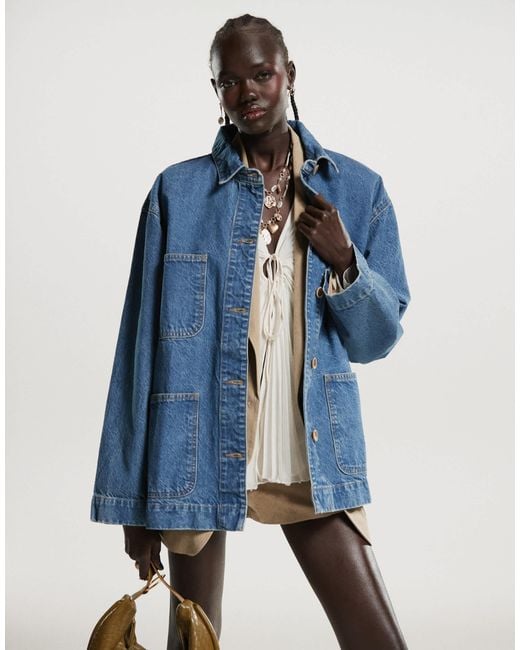 ASOS Denim Barn Jacket With Pocket Detail in Blue | Lyst