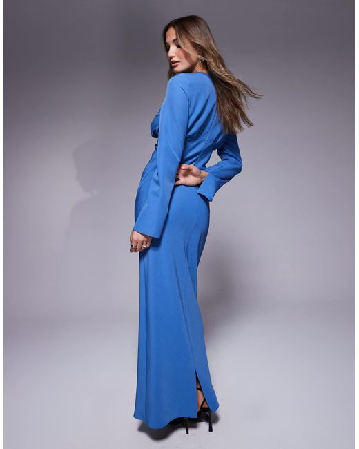ASOS Structured Long Sleeve Maxi Dress With Ruched Bust in Blue | Lyst