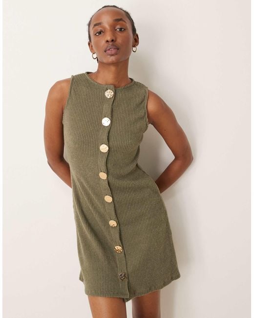 ASOS Sleeveless Ribbed Mini Dress With Gold Buttons in Natural | Lyst