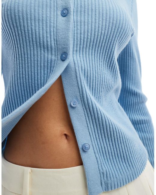 ASOS Supersoft Crew Rib Neck Cardigan in Blue | Lyst