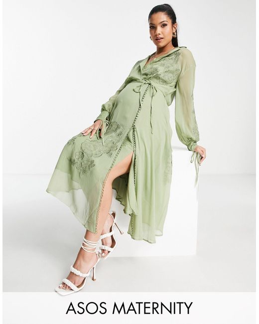 Asos Maternity Floral Embroidered Midi Dress With Lace Insert And Satin