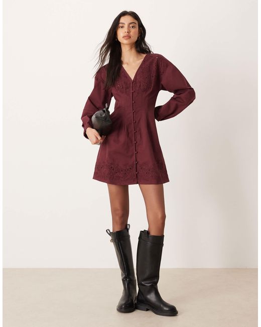 ASOS Long Sleeved Cutwork Button Down Mini Dress in Red | Lyst