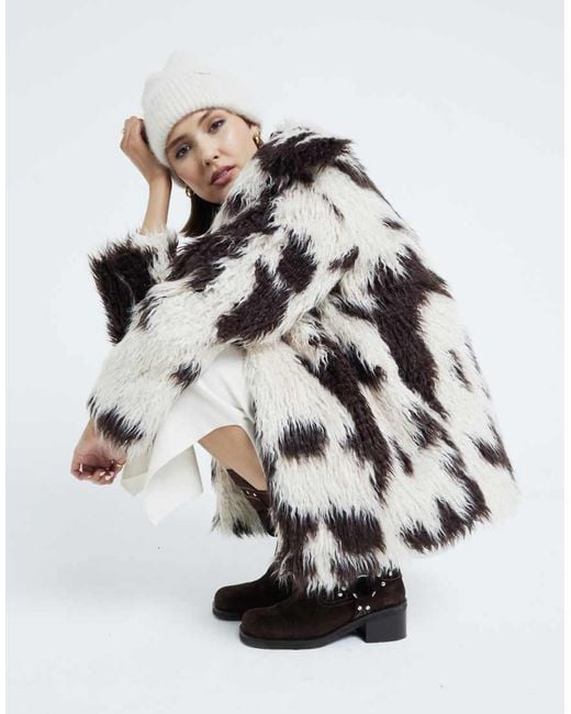 River Island Cow Print Faux Fur Coat in Grey | Lyst UK
