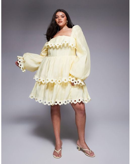 ASOS Curve Tiered Puff Sleeve Mini Dress With Cut Out Trim in Yellow | Lyst