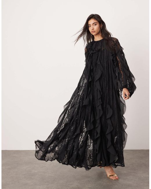 ASOS Lace Insert Raw Edge Ruffle Maxi Dress in Black | Lyst