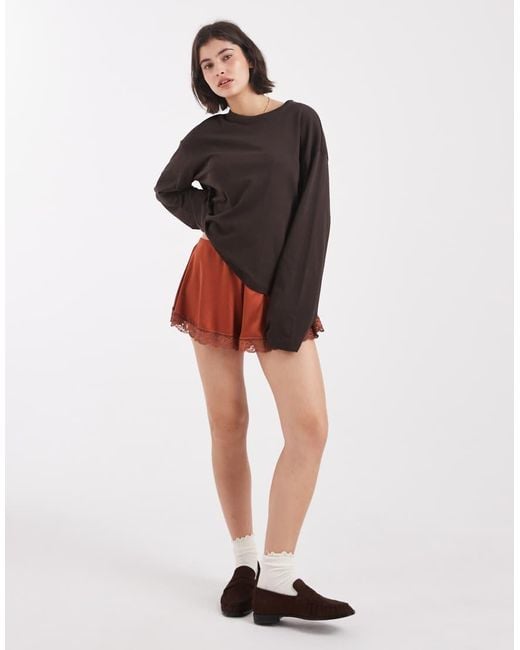 Miss Selfridge Satin Lace Trim Micro Shorts in Brown | Lyst UK