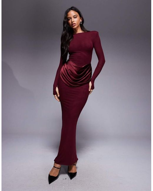 Wanderdoll Eman Slash Neck Satin Drape Waist Detail Long Sleeve Bodycon ...