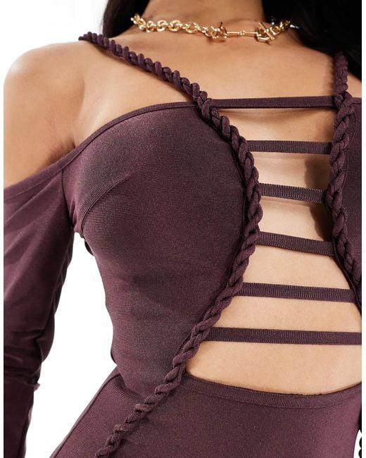 ASOS Bardot Bandage Midi Dress With Knotted Lattice Detailing in Purple | Lyst