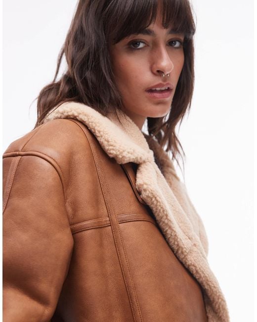 TOPSHOP Faux Leather Shearling Long Aviator Jacket in Brown | Lyst