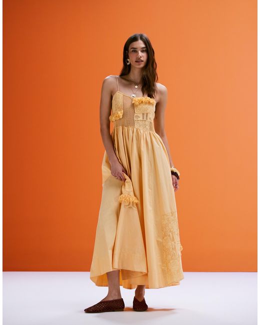 ASOS Cami Lace Patchwork Midi Dress in Orange | Lyst