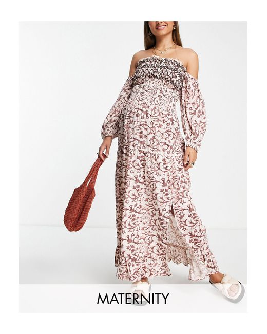 River Island Leopard Shirred Waist Maxi Beach Skirt In Brown White