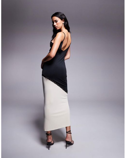 ASOS Colour Block Maxi Slip Dress With Lace Trim Details in Blue | Lyst