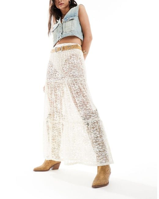 Miss Selfridge Beach Sheer Tiered Lace Maxi Skirt in White | Lyst