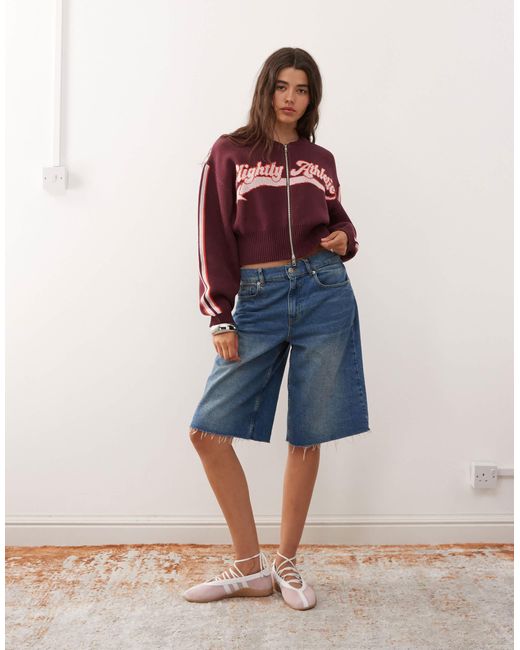 Monki Zip Through Knitted Bomber Cardigan in Red | Lyst