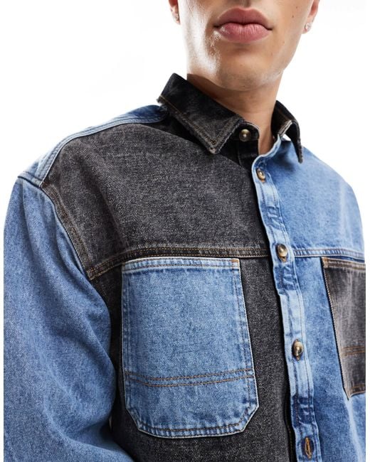 ASOS Boxy Oversized Colour Block Denim Shirt in Blue for Men | Lyst