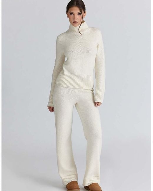 House Of Cb Lara Ivory Merino Wool Ribbed Knit Trousers in Natural ...