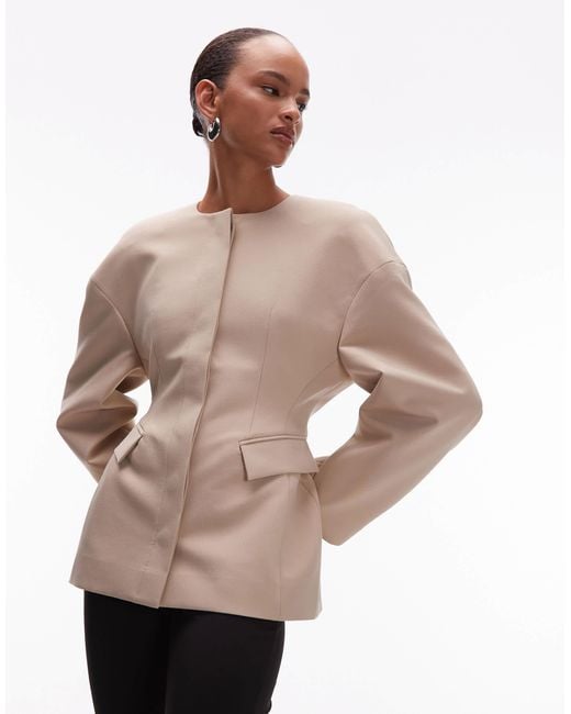 ASOS Sculpted Collarless Blazer in Natural | Lyst
