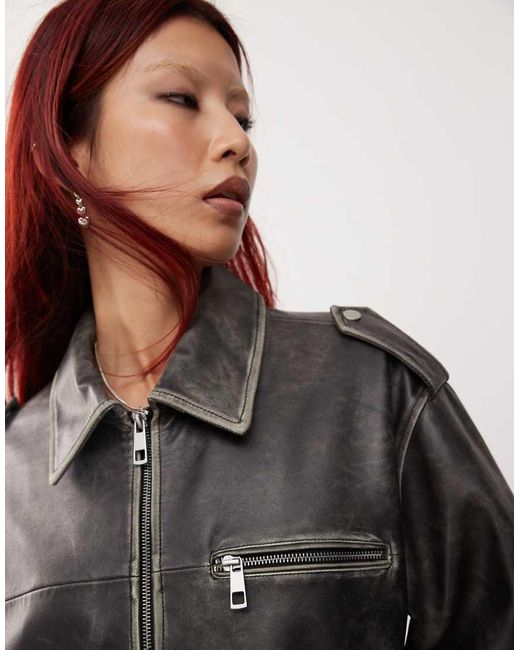 Reclaimed (vintage) Antique Real Leather Biker Jacket in Natural | Lyst UK