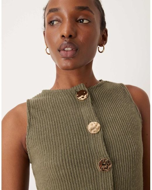 ASOS Sleeveless Ribbed Mini Dress With Gold Buttons in Natural | Lyst