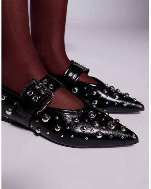 River Island Pointed Mary Jane Ballet Flats With Studded Detail in Brown | Lyst UK