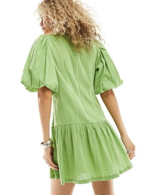 Monki Short Balloon Sleeve Mini Dress With Pleated Volume Bottom in ...