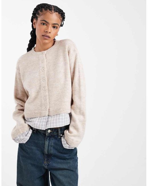 ASOS Knitted Cardigan With Woven Check Hem in Blue | Lyst UK