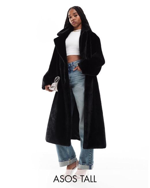 ASOS Asos Design Tall Longline Chuck On Faux Fur Coat in Black | Lyst