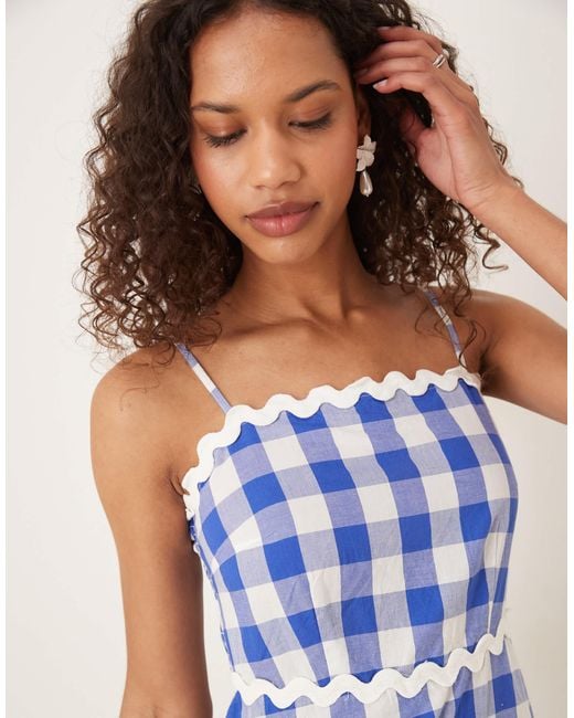 Y.A.S Check Midi Dress With Scallop Trims in Blue | Lyst