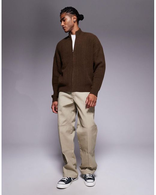 ASOS Oversized Knitted Zip Through Funnel Neck Cardigan in Brown for ...