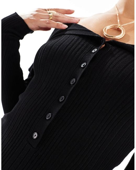 Stradivarius Off Shoulder Button Detail Knitted Mini Dress in Black | Lyst