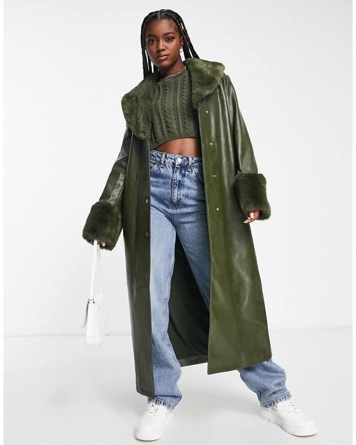 The Frolic Faux Fur Trim Longline Coat in Green | Lyst