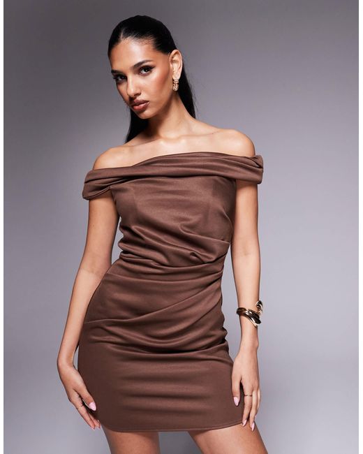 ASOS Structured Twist Bardot Bodycon Mini Dress in Brown | Lyst