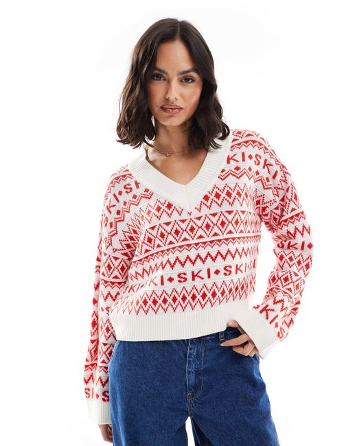 ASOS V Neck Slogan Jumper With Fairlise Pattern in Red | Lyst