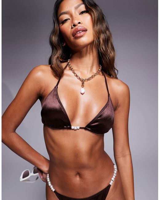South Beach Pearl Detail Triangle Bikini Top in Brown | Lyst