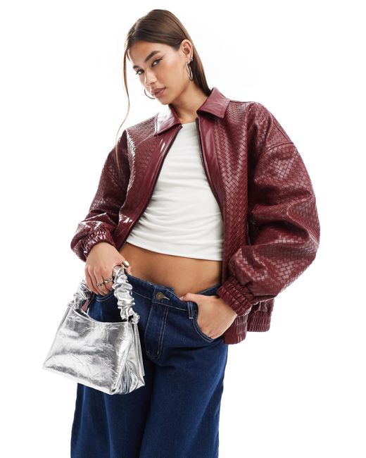 Lioness Leather Look Weave Detail Bomber Jacket in Red | Lyst