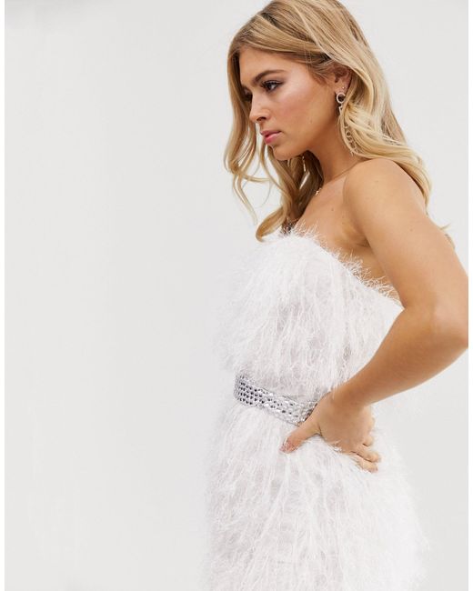 ASOS Synthetic Faux Feather Diamante Belt Mini Dress in White - Lyst
